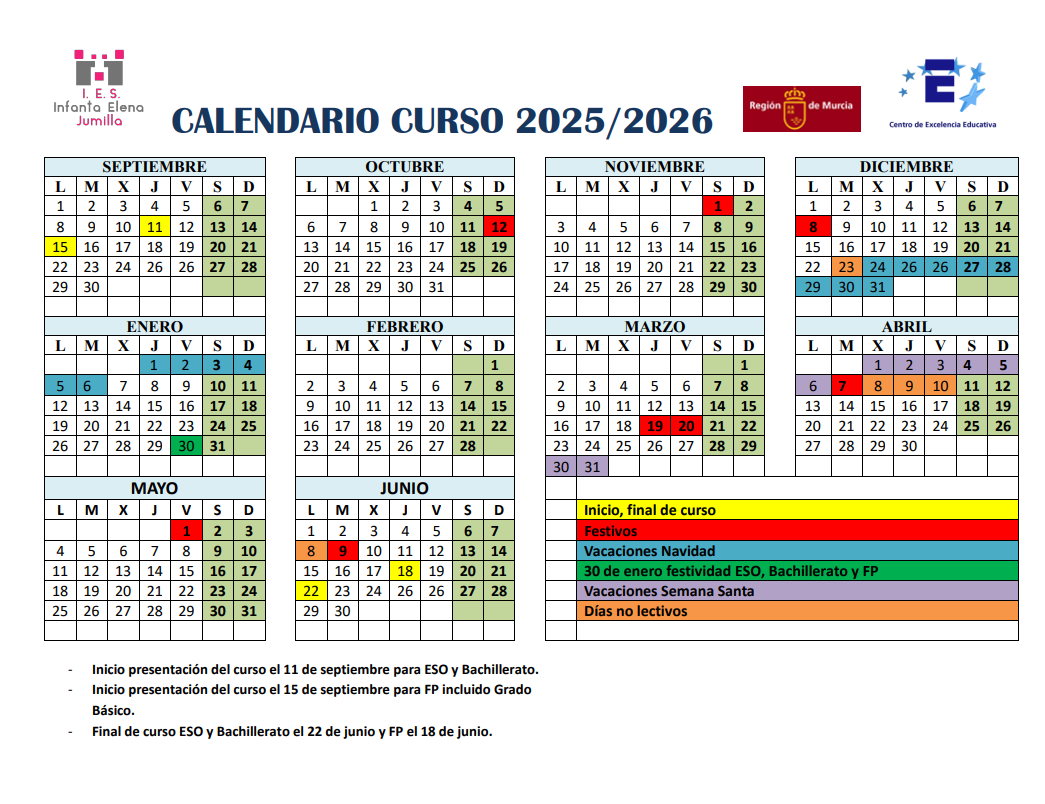 Calendario escolar (2025-2026) – IES Infanta Elena